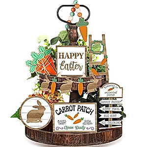 12 Pcs Easter Tiered Tray Decor Wooden Carrot Patch Bunny Egg Items Happy Easter Tray Signs for Spring Home Farmhouse Rustic Kitchen Decorations (Wooden Bunny)