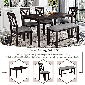 OYN 6-Piece Kitchen Room Sets, Wooden Rectangular Table with 4 Cushion Dining Chairs and Padded Bench,Espresso