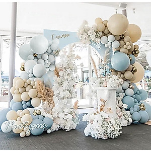 Dusty Blue White Sand Balloon Garland Double Stuffed Pastel Light Blue Cream Balloon Arch Kit with Beige Gold Color for Neutral Baby Shower Wedding Birthday Party Decoration