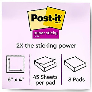 Post-it Super Sticky Notes,6x4 in, 8 Pads, 2x the Sticking Power, Energy Boost Collection, Recyclable (622-8SSMIA) , 1 7/8" x 1 7/8" , Assorted