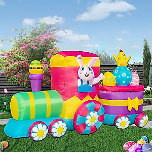 8 FT Easter Inflatables Outdoor Decorations,Easter Decor Outdoor Yard Decorations Blow up Inflatable Easter Bunny in The Train for Holiday Party Indoor Garden Lawn Decorations