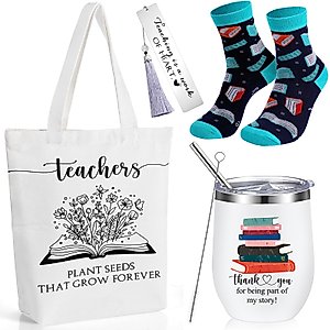 Sieral 4 Sets Book Lovers Gifts Teacher Gifts Includes 12 oz Stainless Steel Wine Tumbler with Lid Library Canvas Tote Bag Novelty Socks Thank You Bookmark Tassel for Nursing Teacher