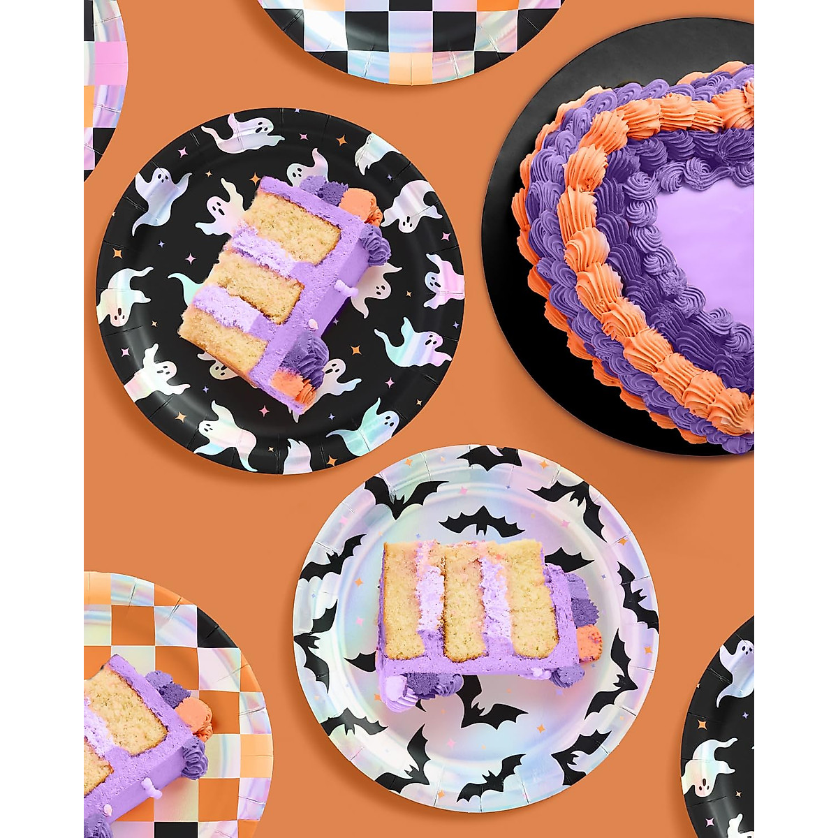 xo, Fetti Halloween Plates - 24 pcs | Halloween Tablescape, Spooky Season Setting, Haunted House Party, Checkered Kids Table Decor