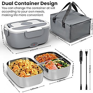 Sitlais Electric Lunch Box Food Heater for Work - 12V/24V/110-220V Food Warmer for Car Truck Outdoor with 2 Packs Stainless Steel Containers Potable Heating lunch Box for Adults Men Camping