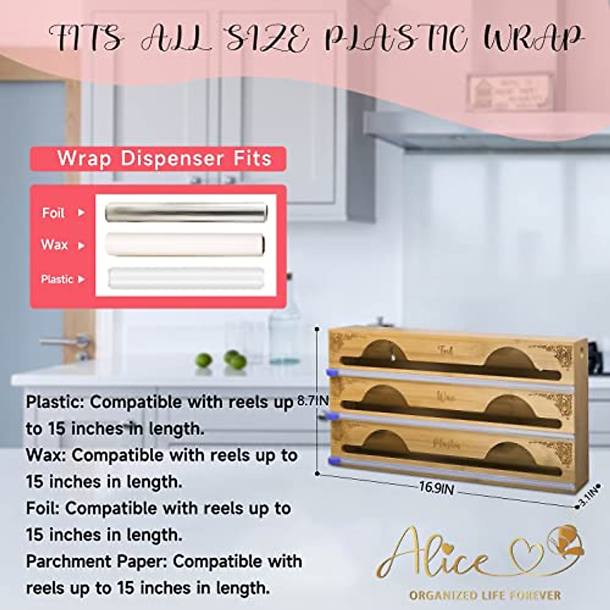 Alice 3-in-1 Foil and Plastic Wrap Organizer with Cutter | Compatible with Plastic Wrap, Aluminum Foil, and Wax Paper | Nature Bamboo Wrap Dispenser for Kitchen Storage Organization for 15 1/4" Roll