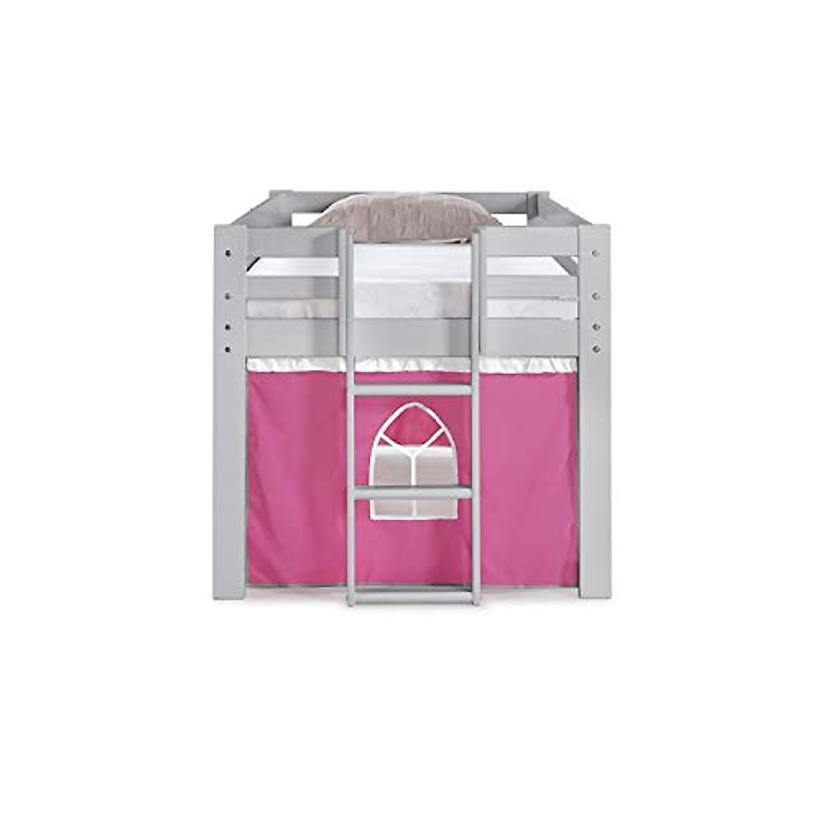 Alaterre Furniture Jasper Twin Junior Loft Bed, Dove Gray Frame and Pink/White Bottom Playhouse Tent