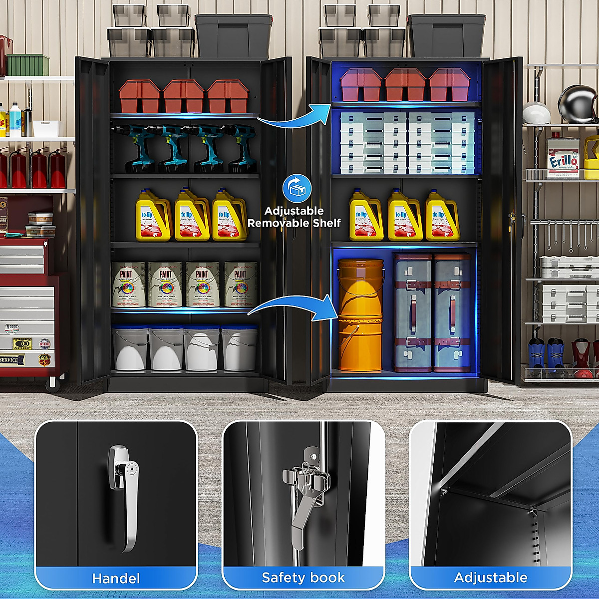 Greenvelly Metal Garage Storage Cabinet, 72'' Tall Storage Cabinet with 2 Doors and 4 Adjustable Shelves, Steel Lockable Tool Cabinets for Home Office, Garage, Basement, School (Black)