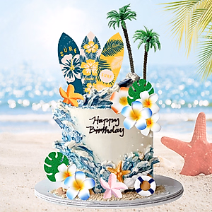 Summer Beach Happy Birthday Cake Topper Surfboard Palm Model Tree Beach Umbrella Chair for Swimming Beach Party Luau Birthday Baby Shower Party Supplies (Surfboard)