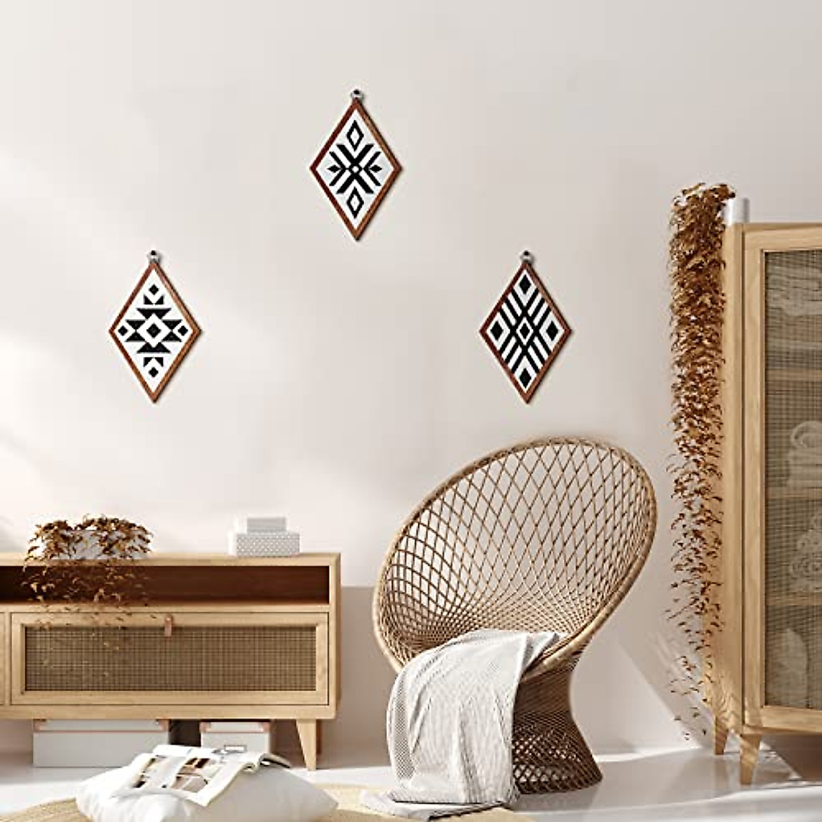 3 Pcs Western Farmhouse Home Wall Decor Wooden Boho Aztec Southwestern Wall Art Black White Hanging Modern Home Decor Geometric Sign Frame Rustic Wood Prints for Bedroom, 12 Inch (White Background)