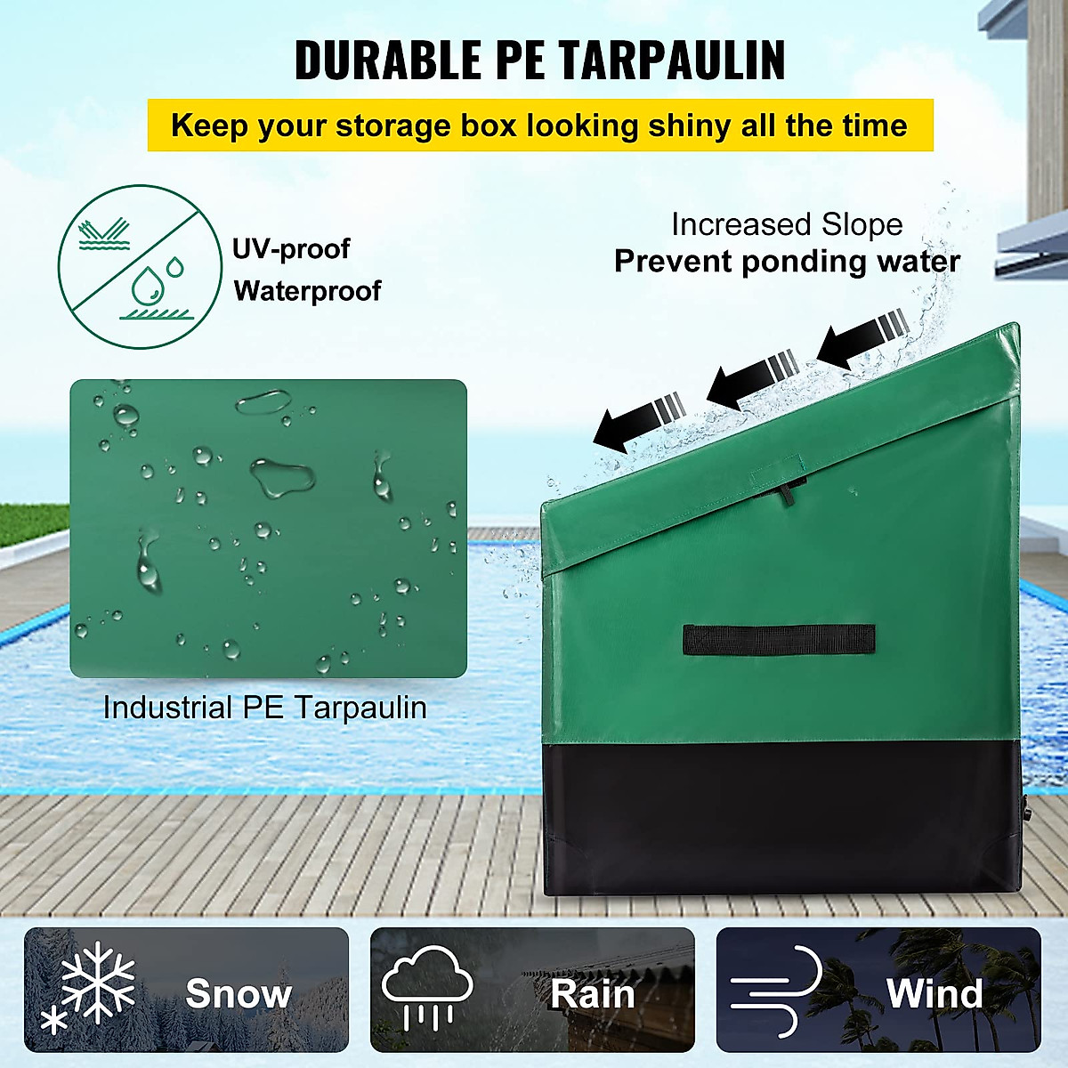 VEVOR Outdoor Storage Box, 150 Gallon Waterproof PE Tarpaulin Deck Box w/Galvanized Frame, All-Weather Protection & Portable, for Camping, Garden, Poolside, and Yard, Black & Green