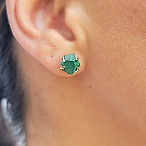 Natural raw malachite gemstone stud earrings with white gold over 925 sterling silver, 6 to 7mm rough genuine quality birthstone gift for her, Uniquelan Jewelry (malachite)