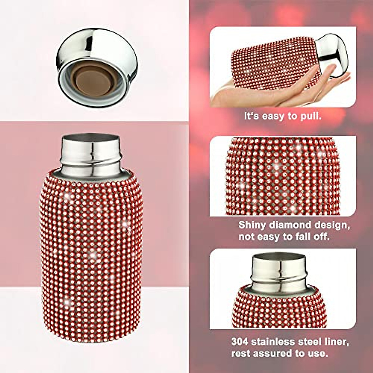 200ml Cute Mini Bling Diamond Water Bottles, Stylish Rhinestone Small Stainless Steel Insulated Water Bottles, Leak-Proof Vacuum Flask Thermal Bottles for Women Girls (Red)