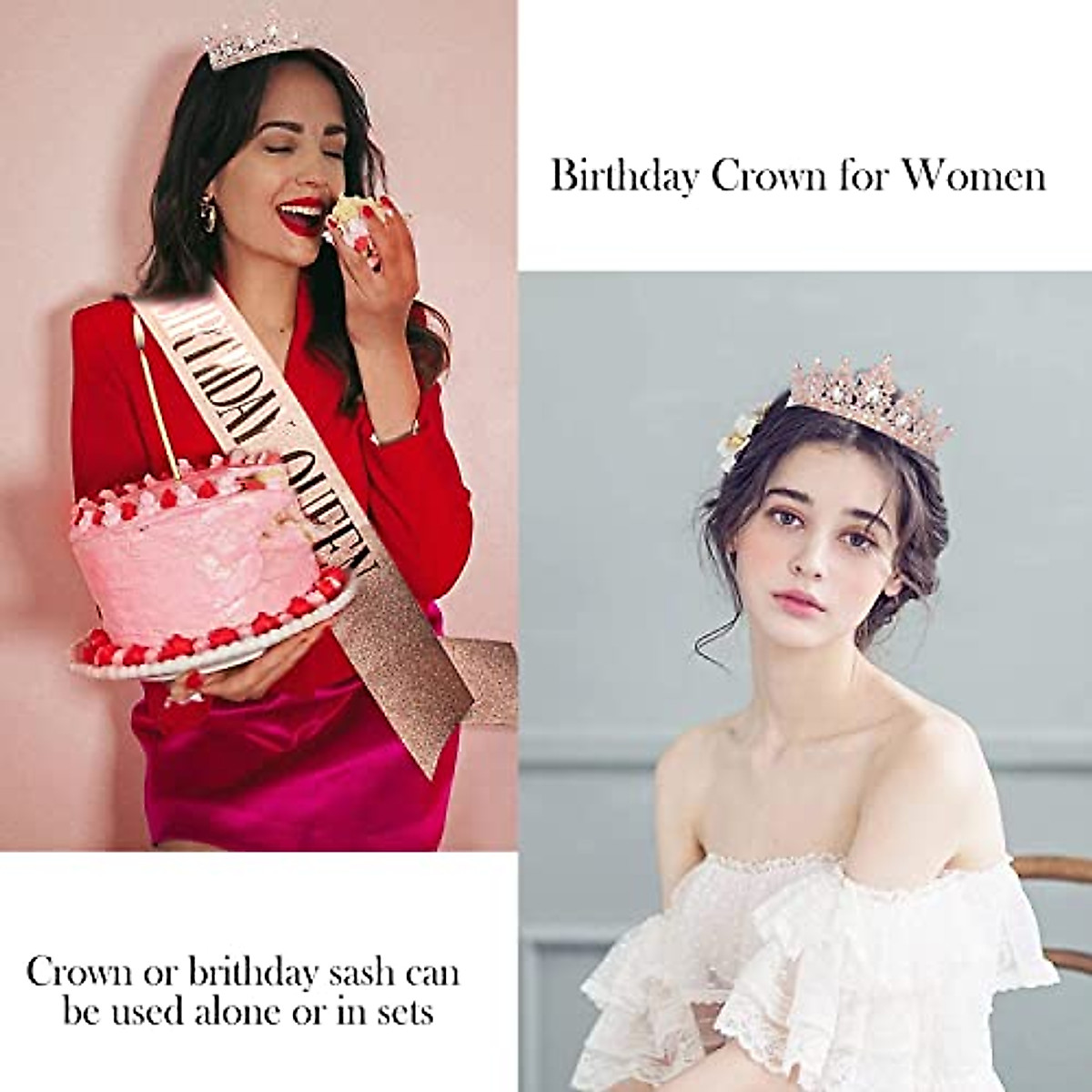 Birthday Queen Sash & Crystal Tiara Kit, Didder Rhinestones Crown Glitter Birthday Sash Birthday Crowns for Women Girls Birthday Tiaras for Women Hair Accessories for Prom Party Gift (Rose Gold)