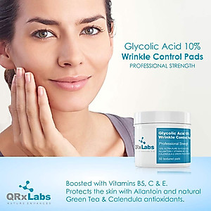 QRxLabs Glycolic Acid 10% Wrinkle Control Pads for Face & Body - 10% Glycolic Acid, Allantoin, Vitamins B5, C & E, Calendula & Green Tea Extract - Face Pads for Smooth Skin - Prevents Wrinkles & Lines