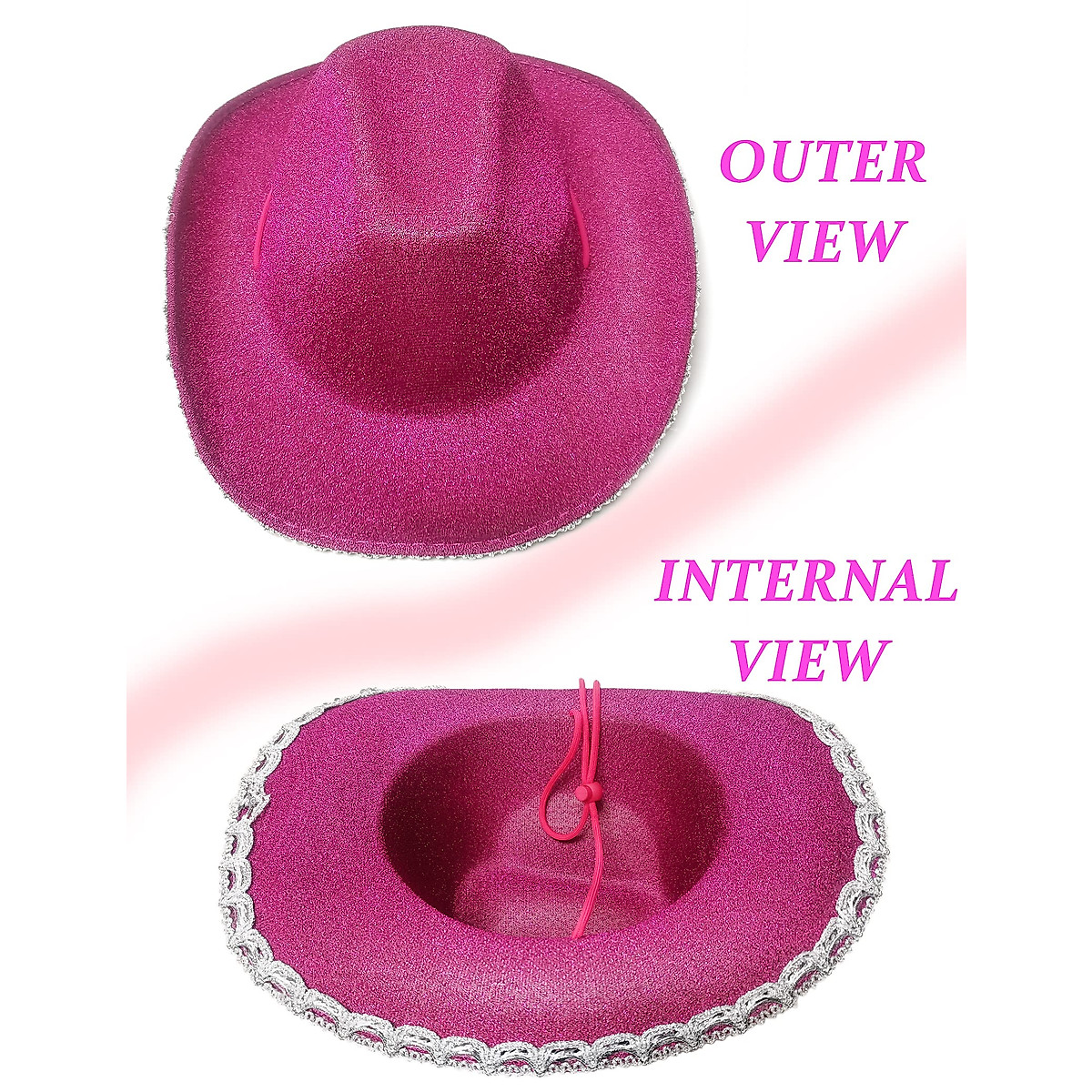 JICASTO Cowboy Hat Pink Cowgirl Hat with Sequins & Tiara Crown for women Rodeo Party Hats with Heart Glasses (Glitter Fringed Hot Pink)