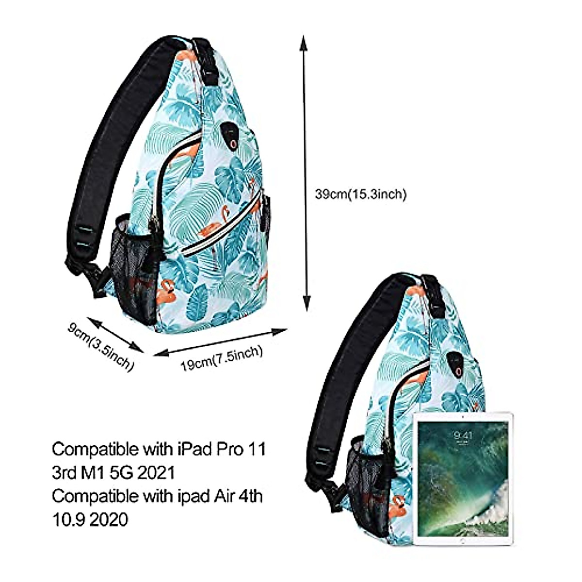 MOSISO Sling Backpack,Travel Hiking Daypack Pattern Rope Crossbody Shoulder Bag, Flamingo&Spacewalking Astronauts