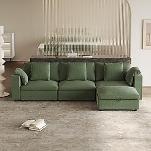 Guyii Sectional Sofa Couch, Modern Luxury Oversized 4-Seater Green Sofa with Storage Ottoman, Convertible Sofa with Back Cushions, L-Shaped Sofa for Living Room, Apartment, Home