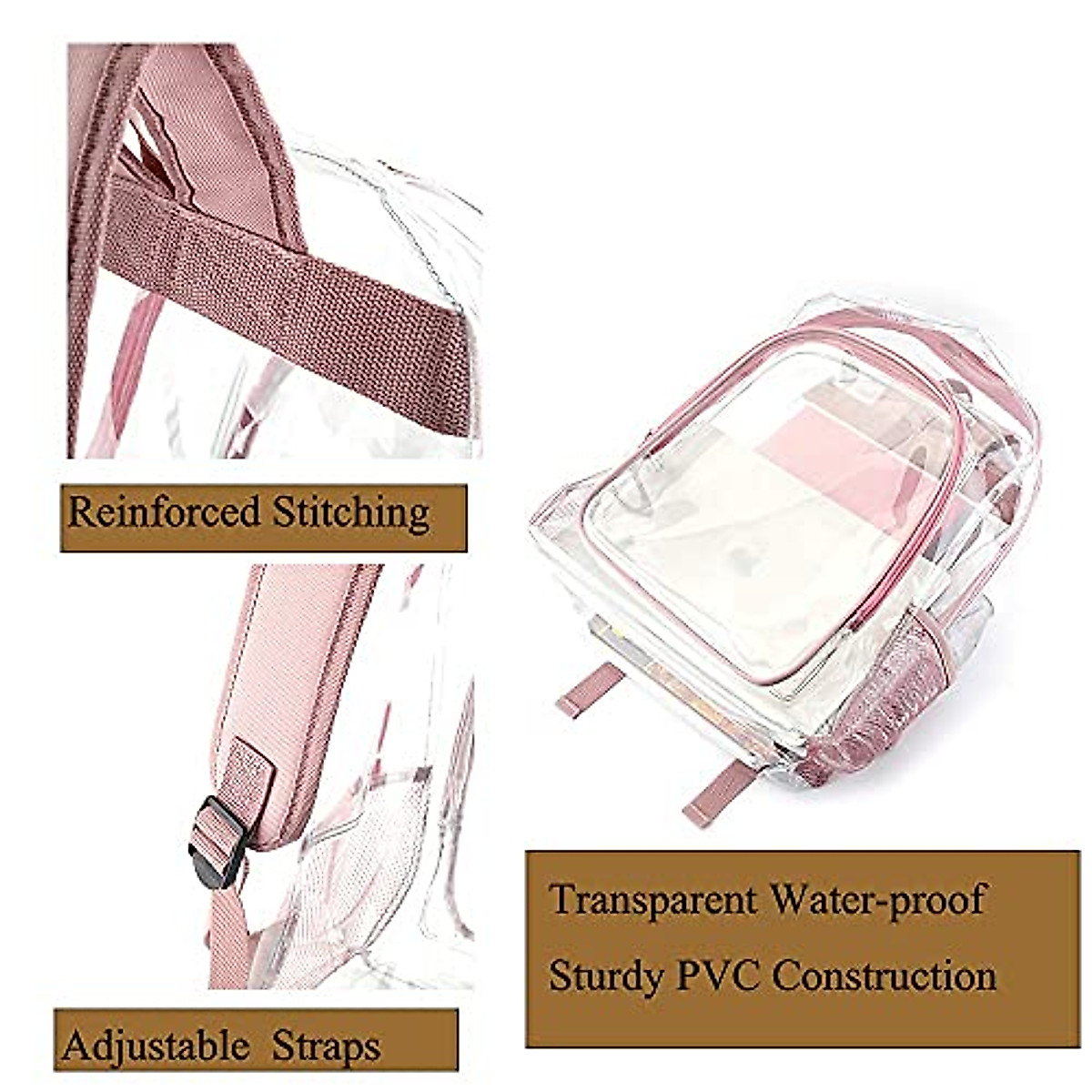 Clear Backpack for Girls, See Through Backpack Transparent Plastic Bookbags for Women for School Festival Concert (Rose/Pink)