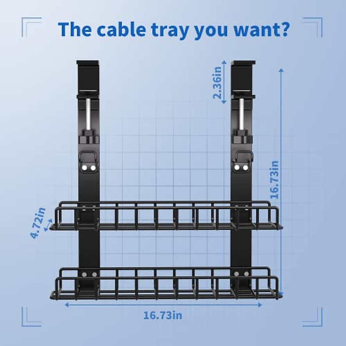 Under Desk Cable Management Tray, High Capacity Cord Organizer Rack for Desk, 2 Tier Desk Wire Management with Clamp Mount System, No Drill Cable Basket fits 0.4" to 2.4" Thickness Flat Side Desk