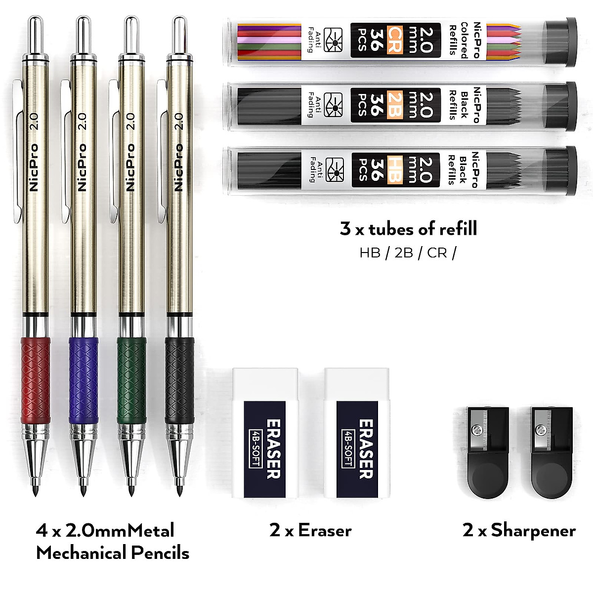 Nicpro 4 PCS Premium 2.0 mm Mechanical Pencils Set, 108 Colored & Black (HB 2B) Lead Refills, Art Metal 2mm Carpenter Pencil with 2 Erasers, 2 Sharpeners for Drafting Sketching Drawing with Case