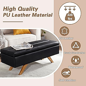 VECELO PU Leather Ottoman Bench with 6.1-inch Storage Space, 44” Soft Footrest for Living Room Bedroom Hallway Entryway, Easy to Clean, Black