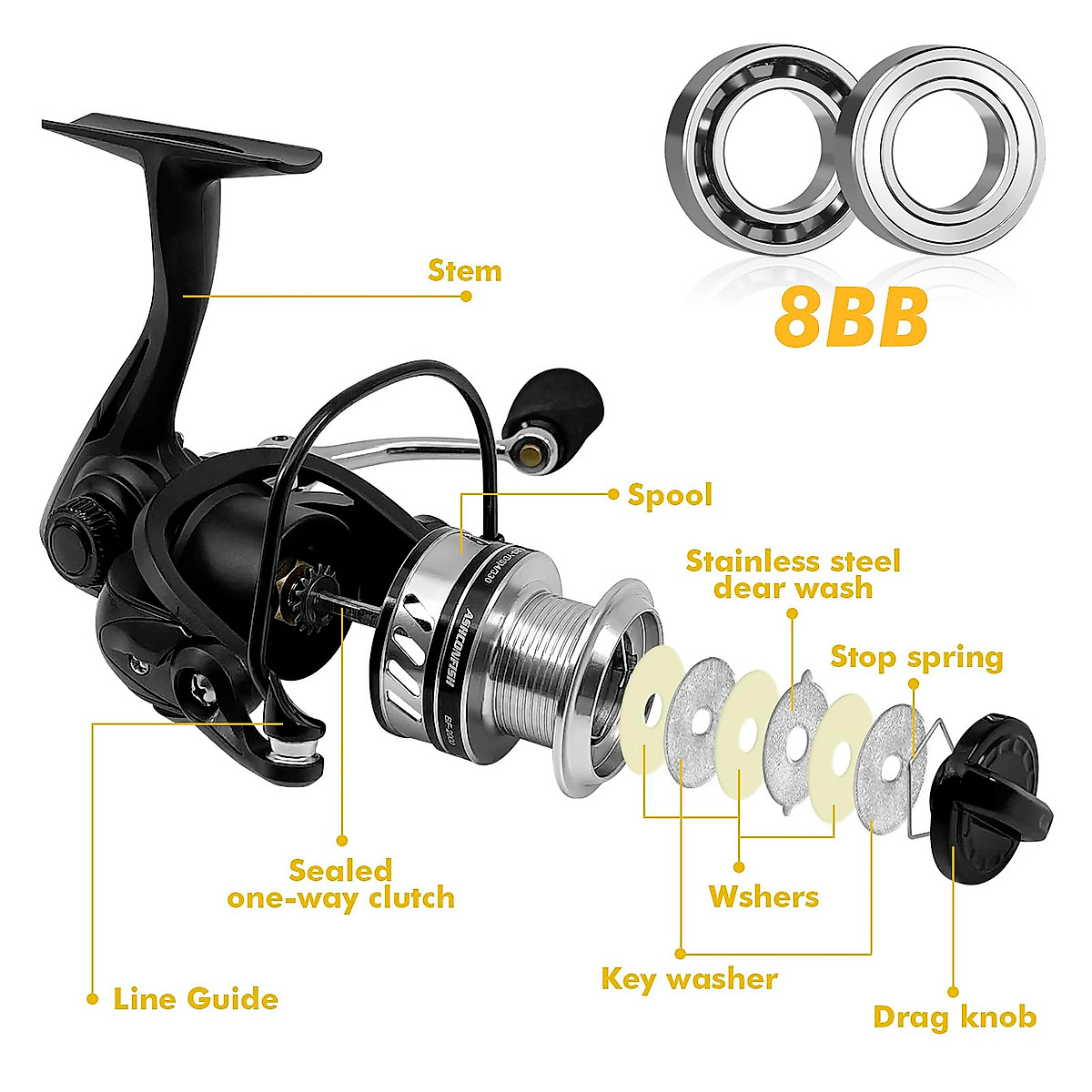 Ashconfish Spinning Reel, Saltwater Spinning Fishing Reels, Ultra Lightweight Body, 8 Stainless Steel BB, 5.0:1 Gear Ratio, Max 17.6lbs Drag, Come with 100m Braided Line