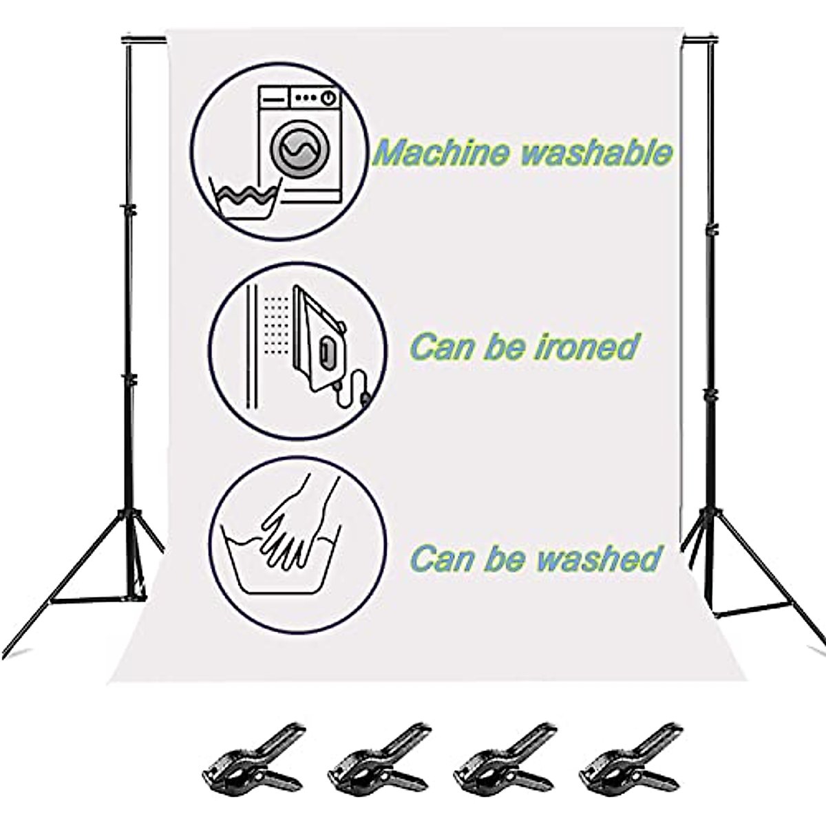 Backdrop Stand with White Backdrop，White Backdrop Stand，White Photo Backdrop with Stand， ​ Polyester White Cloth 6x9 feet Adjustable 8.5x10 Photography Stand 4 Clips