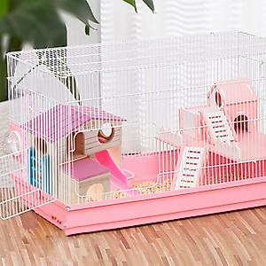 kathson Pet Small Animal Hideout Hamster House with Funny Climbing Ladder Slide Wooden Hut Play Toys Chews for Small Animals Like Dwarf Hamster and Mouse(Pink)