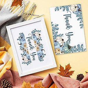 AnyDesign 36 Pack Fall Pumpkin Thank You Card Grey Blue Pumpkin Thank You Note Cards with Envelope Stickers Blue Eucalyptus Leaves Blank Cards for Fall Thanksgiving Baby Shower Wedding, 4 x 6 Inch