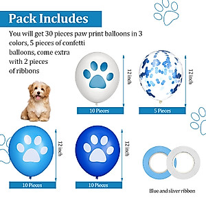 35 Pieces Paw Print Balloons Set 12 Inches Blue White Latex Confetti Balloons with 2 Pieces Ribbons for Birthday Wedding Baby Shower Celebration Graduation Party Balloons (Blue Series)