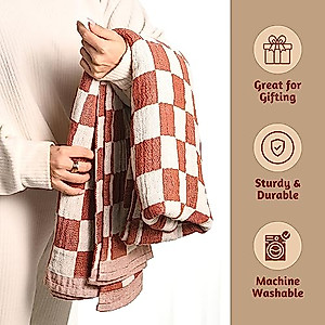 Folkulture 100% Cotton Throw Blanket, Rust Checks, 50x60in, Soft, Lightweight, Travel, Napping, All Seasons, Machine Wash