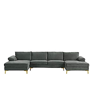 Casa Andrea Milano Modern Large Velvet Fabric U-Shape Sectional Sofa, Double Extra Wide Chaise Lounge Couch with Gold Legs, Dark Grey