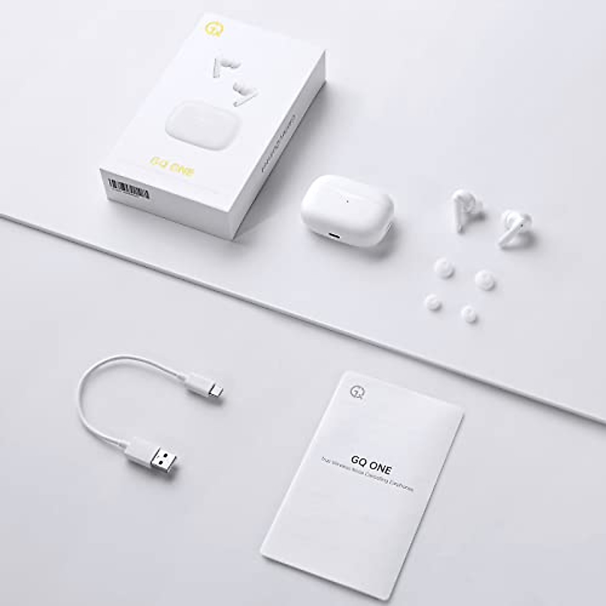 GQ ONE Noise Cancelling Wireless Earbuds, in-Ear Headphones, Touch Control, Bluetooth 5.3 IP55 Waterproof, Wireless Charging, Built Triple Mic, 35H Playtime, for iPhone & Android Sweat Resistant White