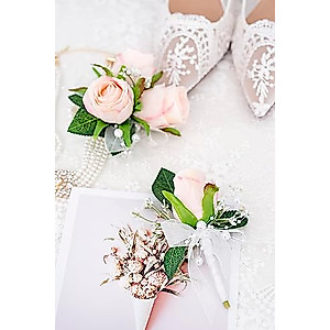 Floinla Pink Corsage and Boutonniere Set for Wedding Prom, Artificial Flower Wrist Corsage Bracelets, Homecoming Corsage Wristlet, Boutonniere for Men Wedding Suit Decorations