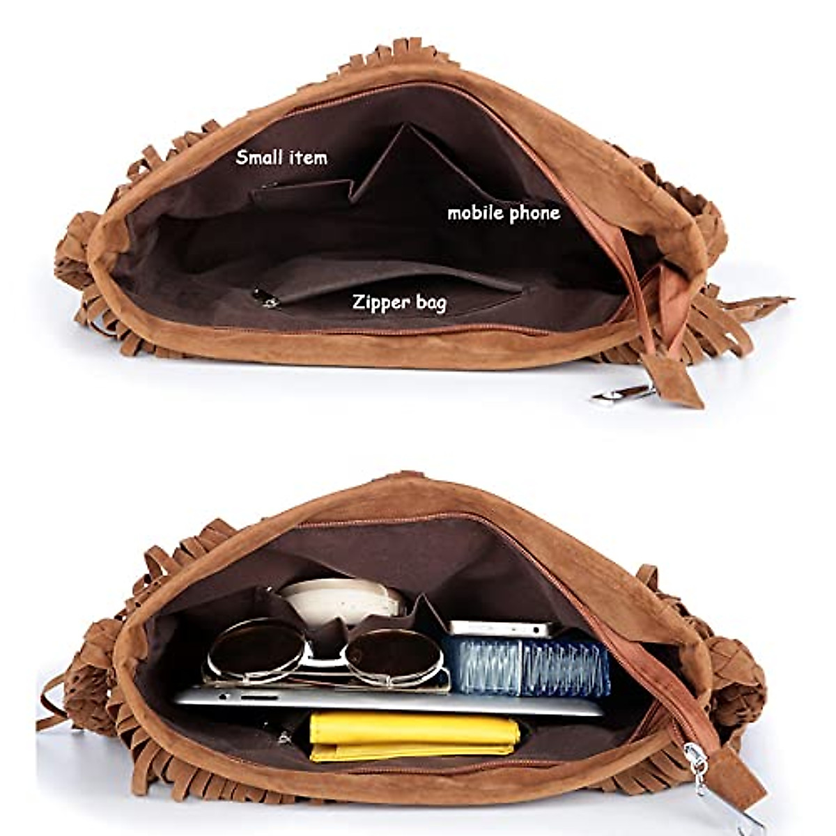 Hippie Suede Fringe Tassel hobo styles retro fashion shoulder Vintage Messenger bag Womens Sling Bag (Black)