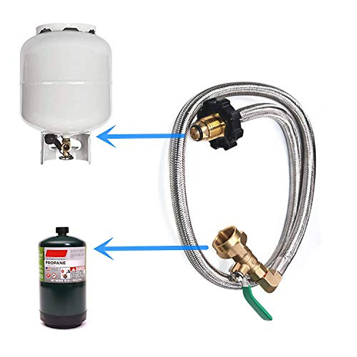 DOZYANT Universal 3 Feet Propane Refill Hose with ON-Off Control Valve Propane Refill Adapter for 1 lb Propane Tank Cylinder Bottle, POL Propane Tank Connector Stainless Steel Hose