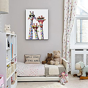 Giraffe Family Canvas Wall Art Animal Poster Prints Picture With Frame for Living Room Bedroom Nursery Office Kids Room Decor Gifts for Boy Girl and Babies(Lovely Giraffe, 16inchx12inch)