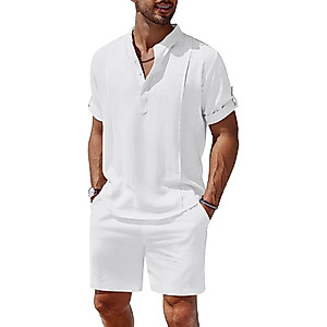 COOFANDY 2 Pieces Linen Outfits For Men White Short Sleeve Henley Shirt and Shorts Summer Beach Yoga Matching Sets