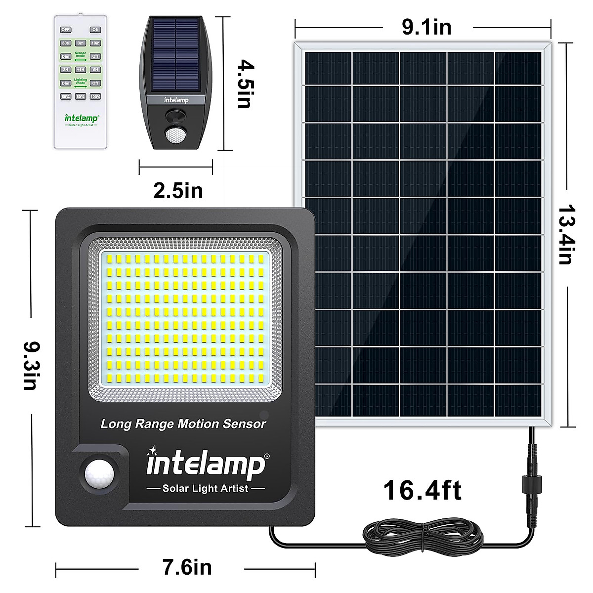 intelamp Solar Flood Lights Outdoor Motion Sensor,12000mAh 2000LM Solar Powered Motion Sensor Flood Light with Remote， Dusk to Dawn Solar Lights for Outside with 16.4Ft Cable IP65 Waterproof