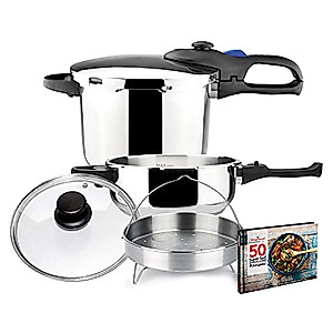 Magefesa® Favorit Six Super-Fast pressure cooker, 3.2 + 6.3 Quart, stainless steel, suitable induction, heat diffuser bottom, 5 safety systems SPECIAL EDITION (Steam basquet + Lid + Recipe book)