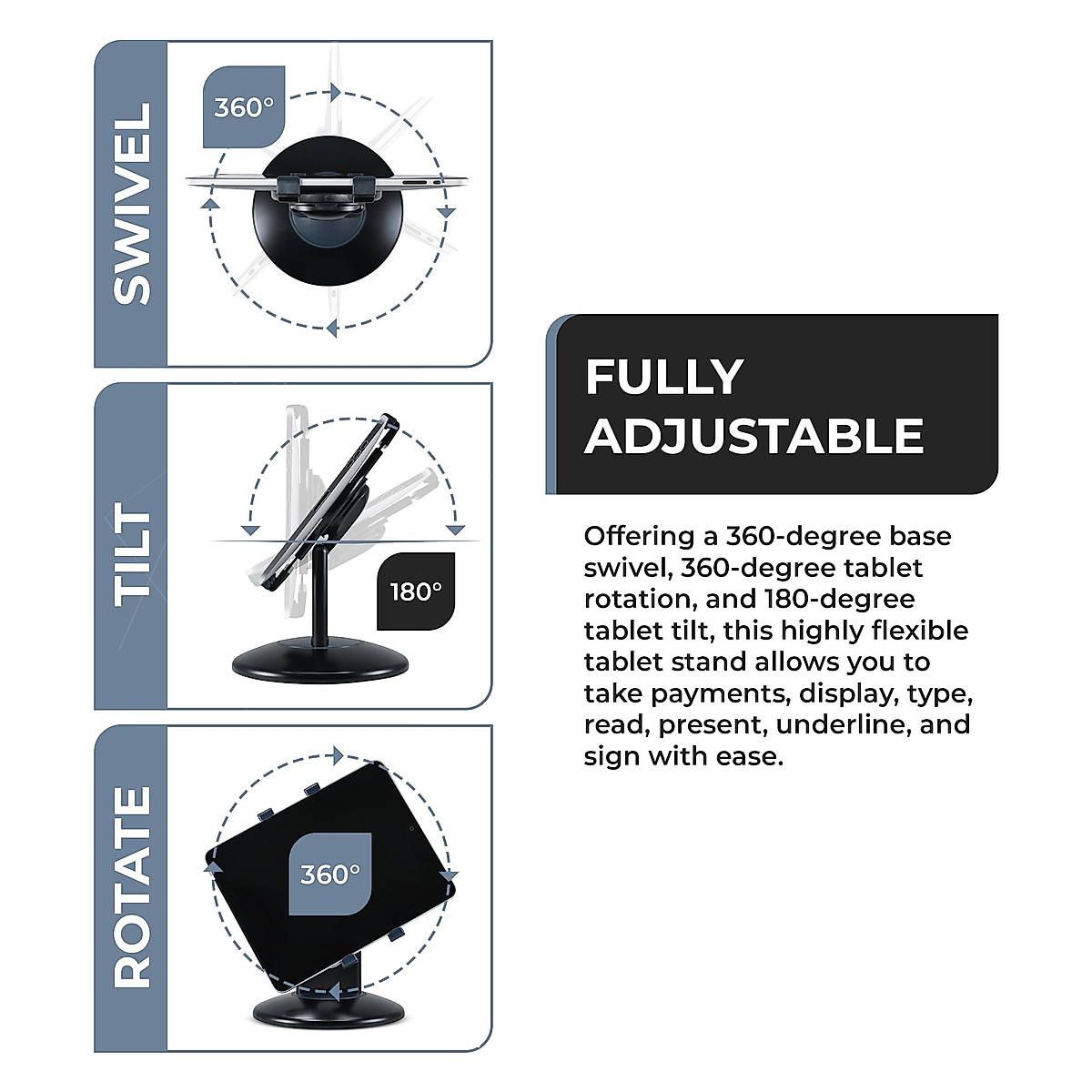 Aidata Tablet Stand - Compatible with iPad, iPad Mini, and Most 6-Inch-13-Inch Tablets, Adjustable Commercial POS Holder with 360-Degree Swivel, for Retail, Classroom, Business, and Home, Black