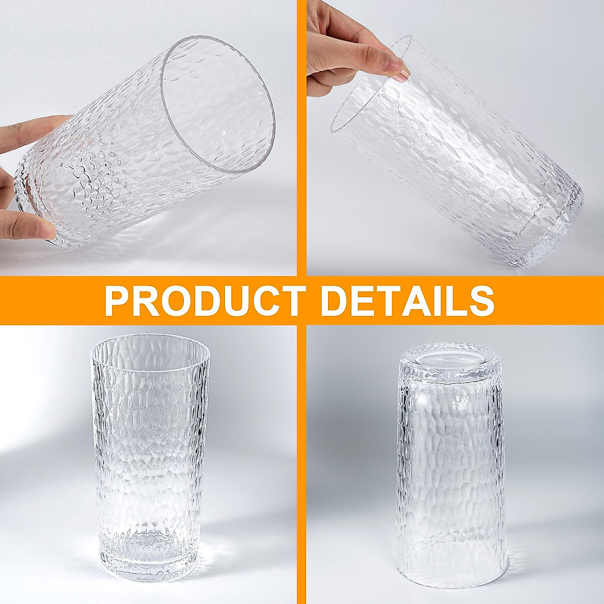 KOXIN-KARLU Mixed Drinkware 15-ounce and 22-ounce Plastic Tumbler Acrylic Glasses with Hammered Design, set of 8 Clear