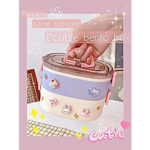 Paidideng Kawaii Bento Box Bento Lunch Box with Lunch Bag,Tableware,Biscuit bags,2 Layers Stacked Leakproof Cute Lunch Box,for Travel,Office,Gym. (purple)