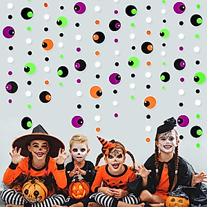 Halloween Eyeballs Garland Decorations Orange Purple Black Green Neon Paper Bunting Banner Streamers Black Light Circle Dots Hanging Decorations for Halloween All Hallows Eve Birthday Party Supplies
