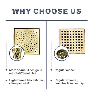 Gold Brushed Shower Drain with Flange, HIDROP SUS 304 Stainless Steel 6 inch Square Shower Floor Drain with Removable Hair Strainer