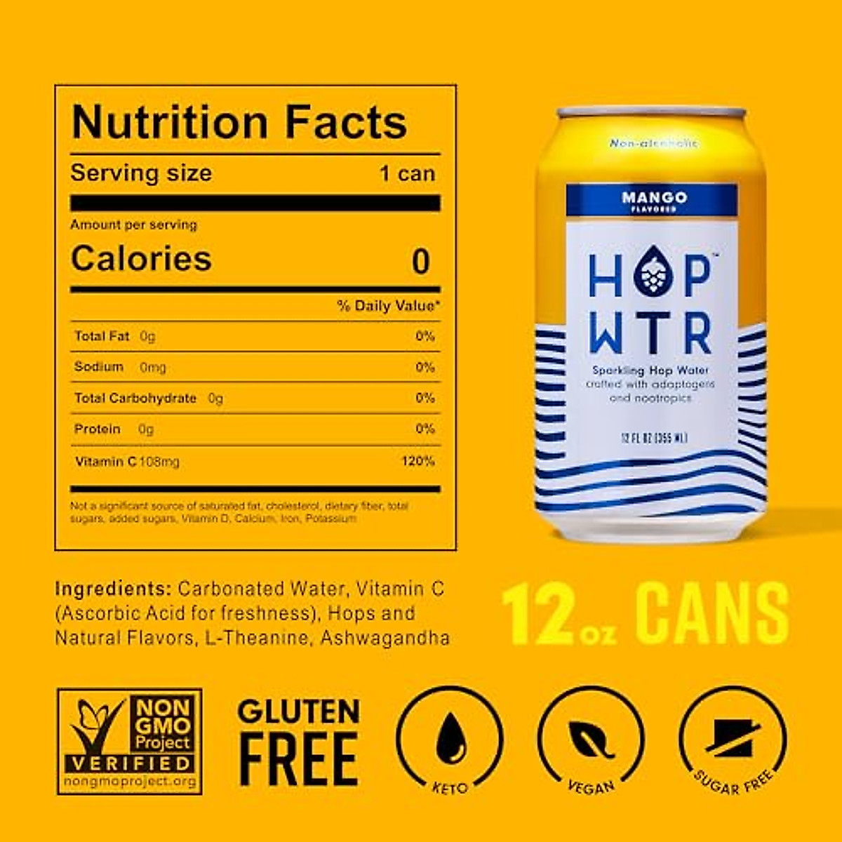 HOP WTR Sparkling Hop Water, Mango 12 Pack, Sugar Free, Low Carb Non Alcoholic Drinks, NA Beer, Adaptogen Drink, No Calories, Adaptogens & Nootropics for Added Benefits, 12 oz Cans