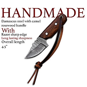 MEDIEVAL SUPPLIES Damascus Steel EDC Knife 4.5inch Fixed Blade Mini for Skinning,Survival,Camping and Outdoor Enthusiasts with Natural Handle Leather Sheath Brand By (WOOD)