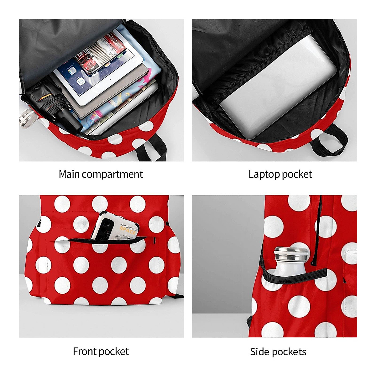 KiuLoam 17 Inch Backpack Red White Polka Dot Laptop Backpack Shoulder Bag School Bookbag Casual Daypack