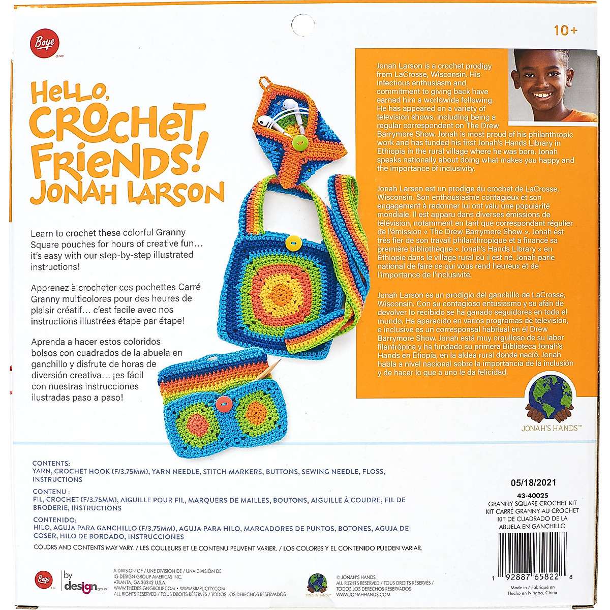 Boye Jonah's Hands Granny Square Accessories Beginners Crochet Kit for Kids and Adults, Makes 3 Projects, Multicolor 8 Piece