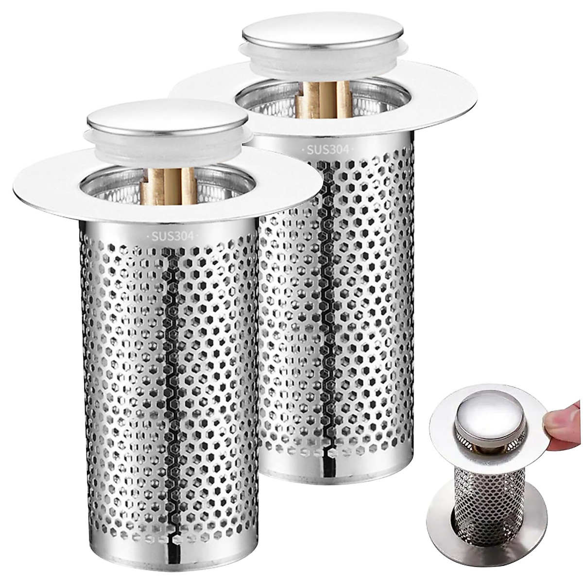 2 PCS Sink Drain Strainer Stainless Steel Drain Stopper Pop-up Washbasin Drain Filter with Removable Basket for Bathroom Kitchen Bathtub Water Pipe 2.2*3.2inch Long Sink Strainer Kitchen Drain Bathroo